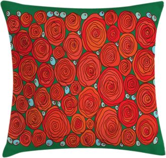 Abakuhaus Blume Kissenbezug, Doodle Rund Roses, Dekorativer Kopfkissenhülle mit Beidseitiger Druck, 45 x 45 cm, Vermilion Grün und Aqua
