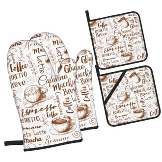 Generic 4 St&uuml;ck Backhandschuhe Set Kaffee Zitat Tasse Gekritzel Ofenhandschuh Lustig Hitzebest&auml;ndige Ofen Mitts F&uuml;r Backen, Kochen, Geschenke