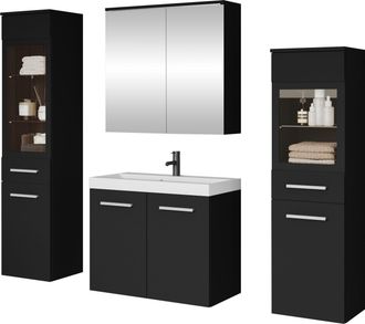 Mirjan24 Badmöbel Set Madrit II mit Waschbecken und Siphon, Komplettprogramme für Spiegelschrank, Waschtisch, Hochschrank (Schwarzer Graphit, ohne Beleuchtung)
