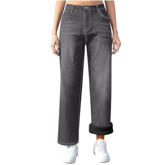 Generic Pantalon d&eacute;contract&eacute; doubl&eacute; en polaire pour femme - Taille haute - Extensible - Jambe droite - Pantalon en jean chaud pour lhiver, gris, XXL