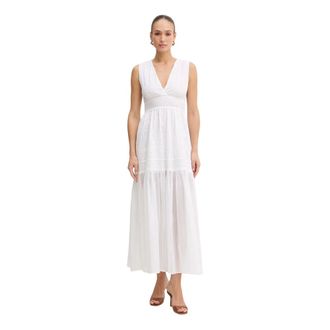 Twinset Robe Longue Sans Manches &agrave; Col en V - Femme - Robes - Blanc - Taille: 42 FR