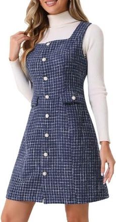 Allegra K Robe en tweed pour femme sans manches avec col carré boutonné, coupe trapèze, bleu marine, L