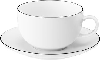 SELTMANN WEIDEN Lido Black Line Milchkaffeetassen mit Untertassen 6er Set, 350 ml, Tassen-Untertassen-Set mit schwarzem Rand, Porzellan, Weiß