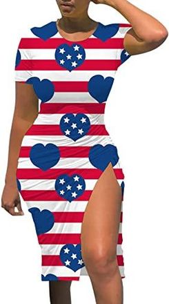 Generic Robes amincissantes 2026 pour femmes - Motif drapeau - D&eacute;contract&eacute; - Cordon de serrage - Fente - Robe ajust&eacute;e - Motif floral du 4 juillet, Rouge, XL