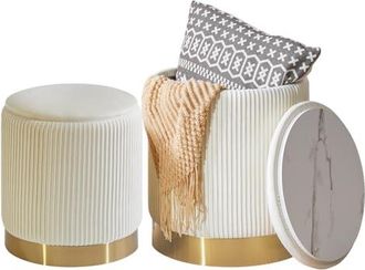 Generic IBUYKE Set de 2 chaises ottomanes Rondes avec Rangement et Garniture danneaux en métal, Commode en Velours pour Le Maquillage, Table Basse rembourrée 