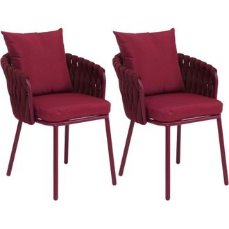Hhg 2er-Set Aluminium-Esszimmerstuhl HHG-190, Indoor Stuhl Armlehne, Stoff/Textil (180 g/m&sup2;) Seilgeflecht Rope bordeaux