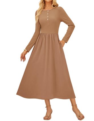 Grace Karin Kleid Damen Festlich A-Linie Midi Strickkleid Damen Herbst mit Taschen Business Kleider Hochzeitsgast Elegant Khaki XXL