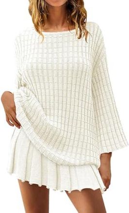 Onsoyours Robe Pull Femme Robe en Tricot Ensemble 2 Pièces Pull Haut et Mini Jupe Plissée Pullover Robe Tricotée Automne Hiver Élégante Tunique Chic Robe A Blan