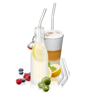 GEFU 12704 Glasstrohhalme FUTURE 4er-Pack 23 cm gebogen - Wiederverwendbare & Plastikfreie Glas-Trinkhalme + Reinigungsbürste