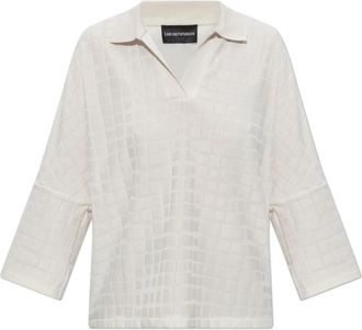 Emporio Armani Femme, Tops, Beige, Taille: 36 FR Pull en jersey jacquard avec col polo et motif &agrave; carreaux