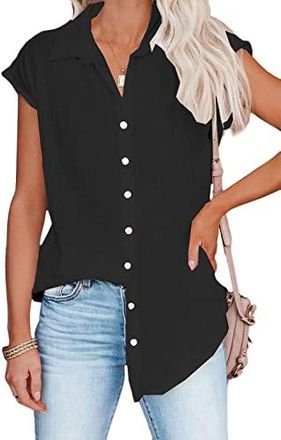 Onsoyours Chemisier Femme Manche Courte Décontracté Chemise À Col en V Élégant Chemise Lin Vintage Boutonnées Hauts Couleur Unie Blouse 01 Noir L