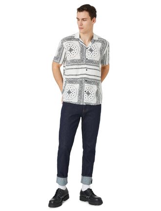 Koton Men Short Sleeve Shirt Lapel Neck Shawl Printed