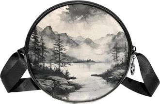 Generic Petit sac &agrave; bandouli&egrave;re rond pour femme, peinture &agrave; lencre avec fermeture &eacute;clair, bretelles r&eacute;glables, sac &agrave; main rond d&eacute;contract&eacute; pour femmes et fill