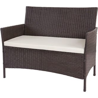 Hhg Neuwertig] Poly-Rattan Gartenbank Hamar, Sitzbank Bank braun-meliert, Kissen creme