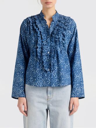 Momoni Chemise en coton &agrave; broderie ethnique et col mao &agrave; volants