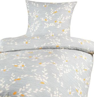 Soma Mikrofaser Seersucker Bettwäsche 135 x 200 cm Bettbezug Kopfkissenbezug 80 x 80 cm Zweige grau Gold