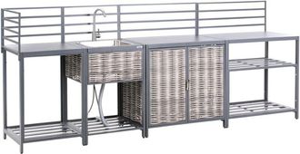 Beliani Outdoor-K&uuml;che Grau Aluminium u. Polyrattan 4er Set mit Edelstahl-Sp&uuml;le Handtuchstangen Modern Garten Drau&szlig;en Outdoor-K&uuml;chenm&ouml;bel Gartenk&uuml;che