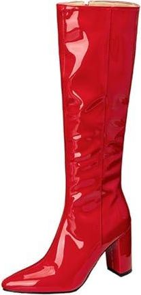 Generic Bottes hautes en cuir PU verni à bout pointu avec fermeture éclair et doublure en fourrure pour femme, Rouge, 39.5 EU