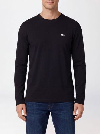 HUGO BOSS T-shirt en coton &agrave; manches longues avec col rond et logo contrastant