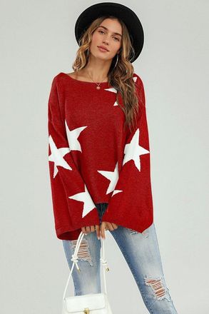 FS Collection Strickpullover Oversize Pullover mit weiten &Auml;rmeln und Stern - Strickwaren (Einheitsgr&ouml;&szlig;e: UK 8-12 / EU 36-40, 5 Farben : Grau, Schwarz, Creme, Rot, D