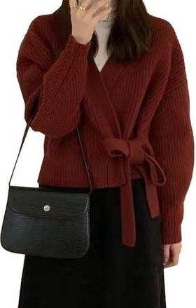 Generic Pull col V Femme Automne 2025, col V Cache-coeur, Manches Chauve-Souris Longues, Ceinture &agrave; la Taille, Rouge, Taille Unique