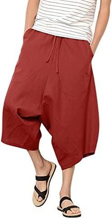 Generic Pantalon ample en coton et lin pour homme - Style d&eacute;contract&eacute; - Taille moyenne - Avec poches - Pantalon classique, Rouge, XXL