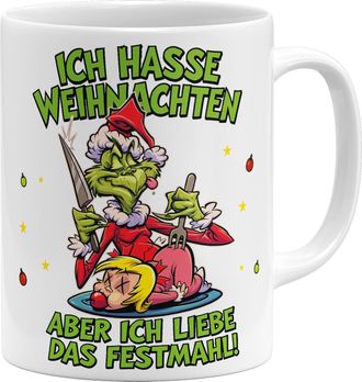 OM3 lustige Ich hasse Weihnachten Kaffee-Tasse mit Spruch - freche Weihnachtstasse Festessen - Keramik Becher - 325ml - Beidseitig Bedruckt - Weiss
