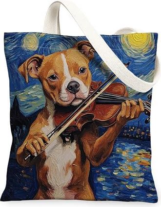 Generic Pitbull Sac fourre-tout en toile pour faire du shopping Motif chien 33 x 38,1 cm Motif violon nocturne &eacute;toil&eacute; Sac &agrave; bandouli&egrave;re r&eacute;utilisable pour femm