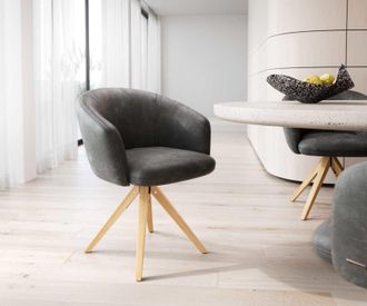 DELIFE Drehstuhl Caja-Flex mit Armlehnen Mikrofaser Anthrazit Vintage Holzgestell kantig Natur 180° drehbar Taschenfederkern, Esszimmerstühle