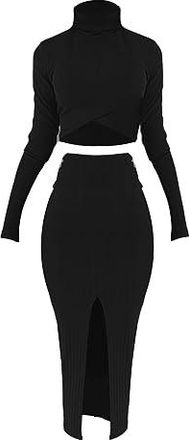 FNKDOR Femmes Printemps et Automne Loisirs Manches Longues Demi col Haut Solide tricoté Pull Court Taille Haute Avant Fendu Longue Robe Ensemble Jupe Plissée