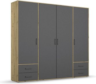 Möbelando Drehtürenschrank >Voyager< 4 Schübe, 5 Böden, grau/Eiche Artisan Dekor - 187x194x53 (BxHxT)