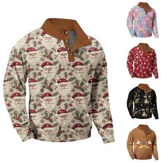 Generic Sweat-shirt de Noël amusant pour homme avec renne et Père Noël surdimensionné Tenue de Noël 1/4 bouton à manches longues Pull Tops fantaisie Costume d
