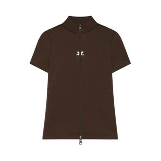 Courrèges Femme, Tops, Brun, Taille: 38 FR Marron Chocolat Fermeture Éclair Col Haut Haut