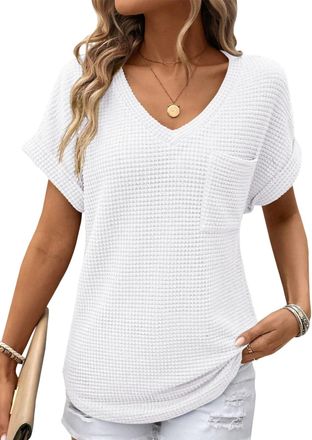 Dokotoo T-Shirts Damen Sommer Oberteile Kurzarm Waffel Strick Tops V-Ausschnitt Kurze &Auml;rmel Pullover Bluse Oberteil Locker L&auml;ssig Basic Einfarbig Tunika Bluse
