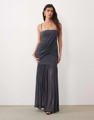 Asos robe longue en tulle sans manches &agrave; drap&eacute; asym&eacute;trique, gris charbon