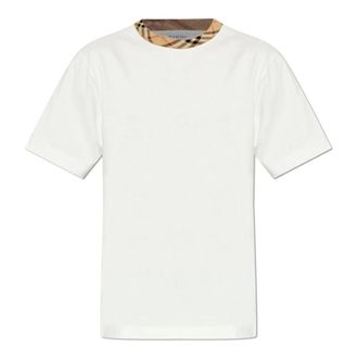Burberry Homme, Tops, Blanc, Taille: XL T-shirt en coton avec bordure &agrave; carreaux