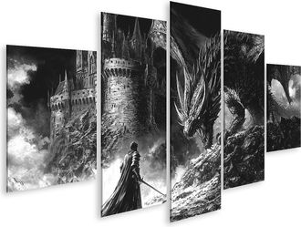 Islandburner Prime Bild auf Leinwand Drache an der Burg mit tapferem Krieger Bilder Wandbilder Poster