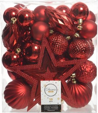 Kaemingk Weihnachtskugeln Kunststoff 5-8cm mit Christbaumspitze Stern 50er Set bruchsicher rot Weihnachtsrot