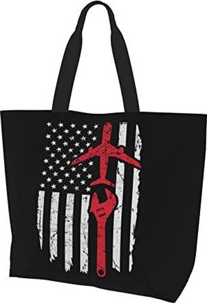 AOOEDM M&eacute;canicien davion American Flag Ladies Canvas Tote Sac &agrave; provisions r&eacute;utilisable
