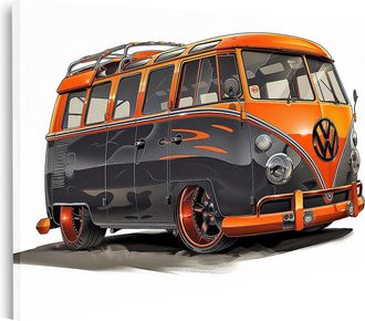 Islandburner Bild auf Leinwand Klassischer orange schwarzer T1 Bus Bilder Wandbilder Poster
