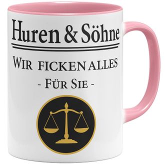 OM3 Anwalt Kaffee-Tasse mit Spruch - Huren & S&ouml;hne - Lustige Jura Spruch f&uuml;r Studenten & Juristen - Keramik Becher - 325ml - Beidseitig Bedruckt - Rosa