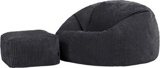 Icon Brand Kingston XXL Sitzsack Cord mit Hocker, Dunkelgrau, Sitzsack Erwachsene mit F&uuml;llung, Bean Bag, Cord Sessel, Lounge Sessel, Lounge Stuhl, Schlafzimmer, 