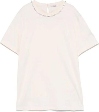 Moncler Femme, Tops, Blanc, Taille: 42 FR T-Shirt &agrave; Encolure Orn&eacute;e