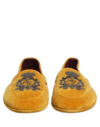 Dolce & Gabbana Mens Yellow Velvet Crown Embroidery Loafers Shoes Black Leather