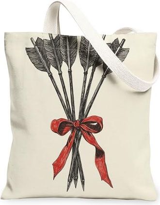 Generic Sacs fourre-tout vintage en toile rustique, motif pointe de fl&egrave;che, l&eacute;gers et lavables, motif noeud rouge, r&eacute;utilisables, pour salle de sport, voyage,