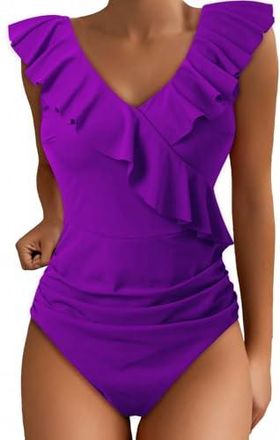 Generic Maillot De Bain 1 Pieces Femme Gainant Et Amincissant Maillots de Bain Minceur Mignon Volants col en V Maillots de Bain (Purple, XXL)