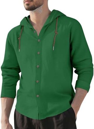 Generic Chemise en lin &agrave; capuche pour homme - T-shirt surdimensionn&eacute; en coton - T-shirt dentra&icirc;nement &agrave; boutons - T-shirt &agrave; manches longues d&eacute;contract&eacute; - Coup