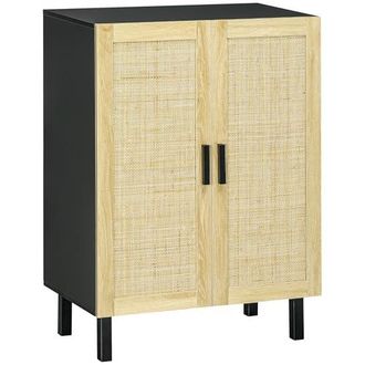 HOMCOM Meuble de rangement buffet rotin avec placard &agrave; portes effet cannage, &eacute;tag&egrave;res r&eacute;glables, style boh&egrave;me, armoire de rangement pour salon, cuisine, cham