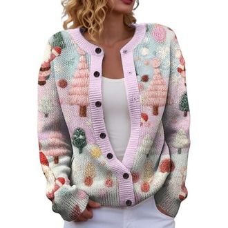 Generic Cardigan en tricot imprimé sapin de Noël pour femme, chandails amples boutonnés ouverts sur le devant, manches longues, hauts confortables, épais, dou