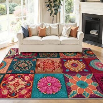 Generic Rouge Tapis Salon Petit Tapis, 160 x 230 cm Paillasson Interieur Entree Antid&eacute;rapant, Boh&egrave;me G&eacute;om&eacute;trique Carrelage Floral Decoration Maison Grand Carp